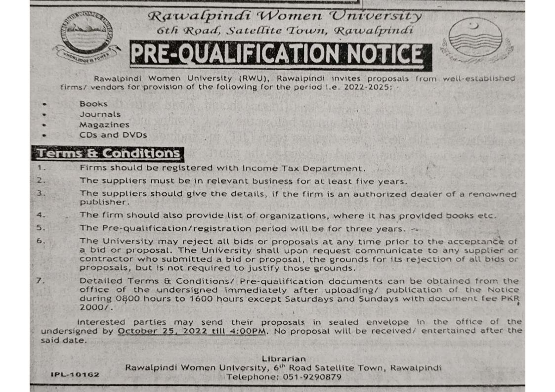 Tender Pre Qualification Notice Library (Books, Journals) - Rawalpindi ...