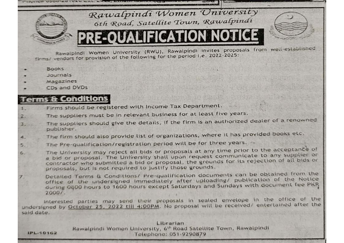 Tender Pre Qualification Notice Library (Books, Journals) - Rawalpindi ...